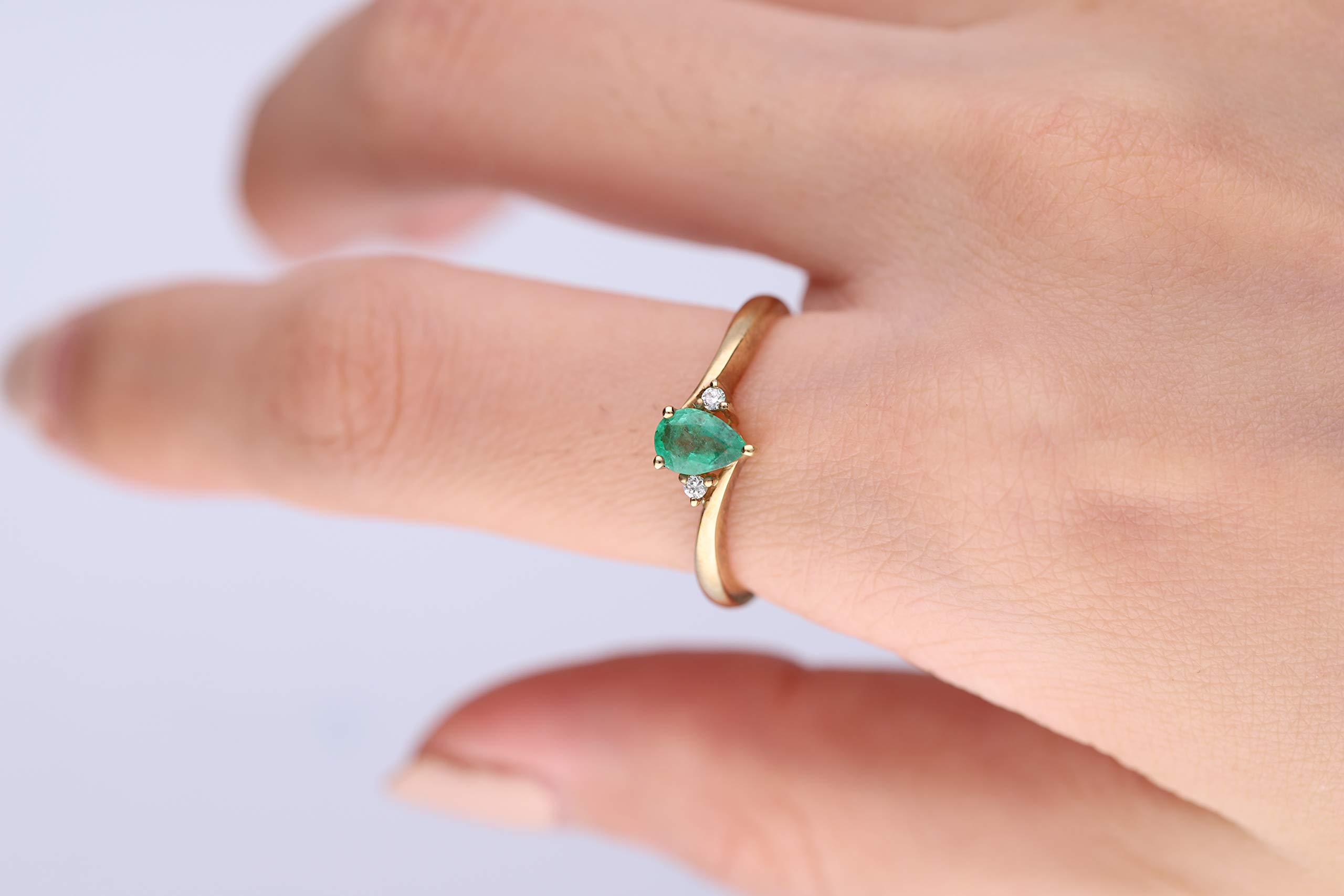 Gin & Grace 10K Yellow Gold Natural Zambian Emerald Ring with Natural Diamonds for women | Ethically, authentically & organically sourced Pear-cut Emerald hand-crafted jewelry for her