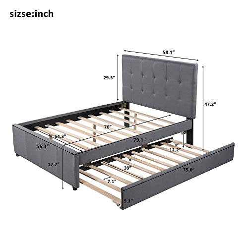 RUNWON Full Size Linen Upholstered Platform Bed with Headboard and Trundle for Bedroom Living Room, Space Saving Design, Grey