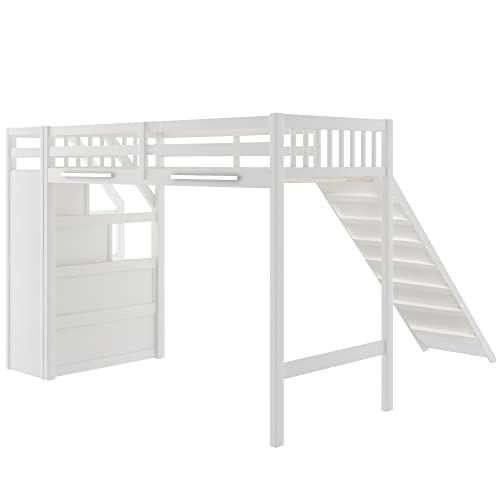 RUNWON Solid Wood Twin Size Loft Bed with Storage and Slide for Kids Teens Bedroom, No Box Spring Needed, White