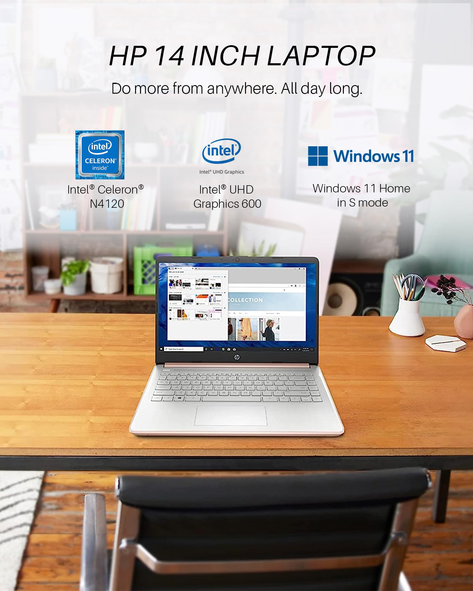 HP 2023 Newest 14 Inch Laptop Students Business, Intel Quad-Core Processor, 16GB RAM, 192GB Storage(64GB eMMC+128GB Micro SD), 12H Battery Life, Webcam, HDMI, WiFi, Win 11 S, Bundle with JAWFOAL