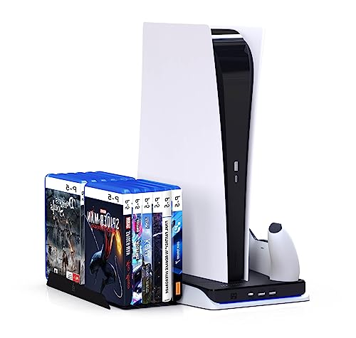 PS5 Controller Charging Station for Playstation 5 Console,PS5 Cooling Station for PS5 Digital & Disc Editions Consoles,PS5 Charging Station Vertical Stand with 12 Game Slots -HONCAM