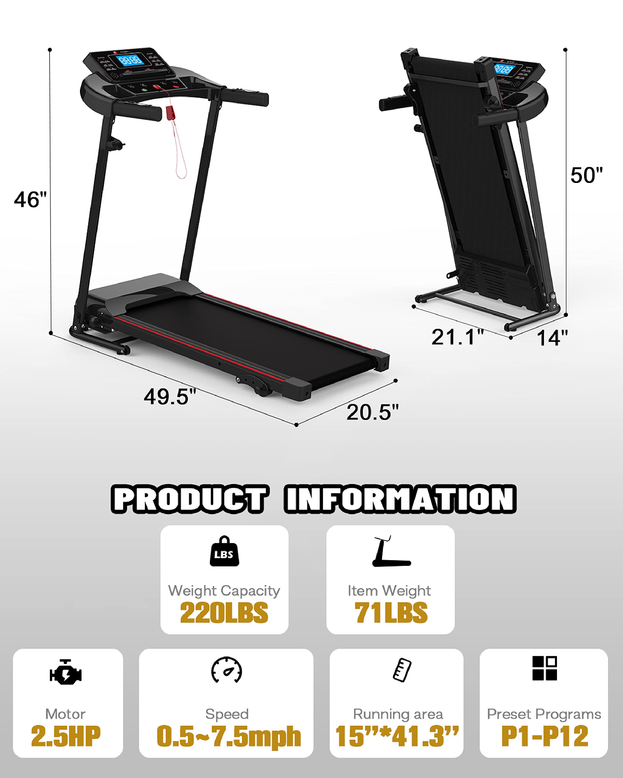 FYC Folding Treadmills for Home with Incline/Bluetooth- 2.5 HP Compact Electric Running Machine Fitness Walking Exercise Portable Treadmill for Space Saver Gym Office