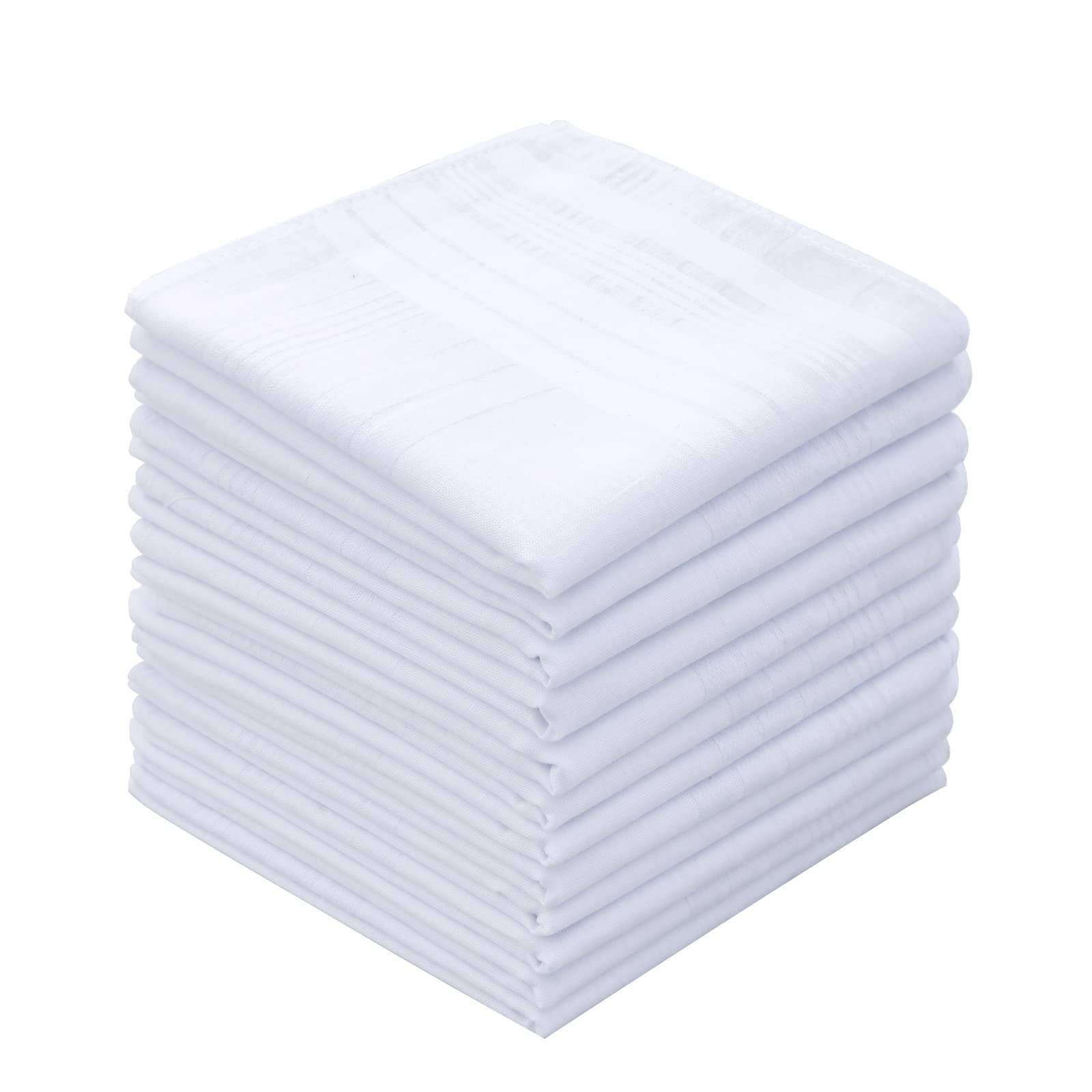 GB Men's Handkerchiefs 100% Cotton Solid White with Stripe Large Classic Hankies Bulk Set 12 Pack
