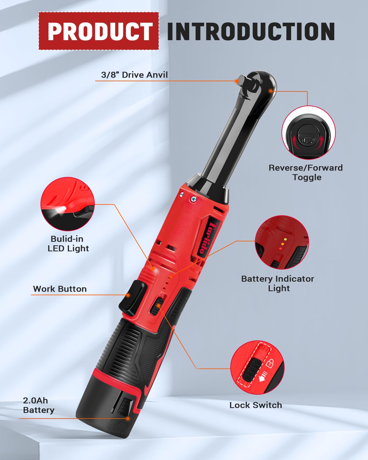 Tarlido 3/8" Electric Ratchet Wrench, 4" Extended 40 Ft-Lbs 400 RPM 12V Cordless Battery Powered Ratchet Wrench Set with LED Light, Including 2 Batteries, 11 Sockets and Fast Charge