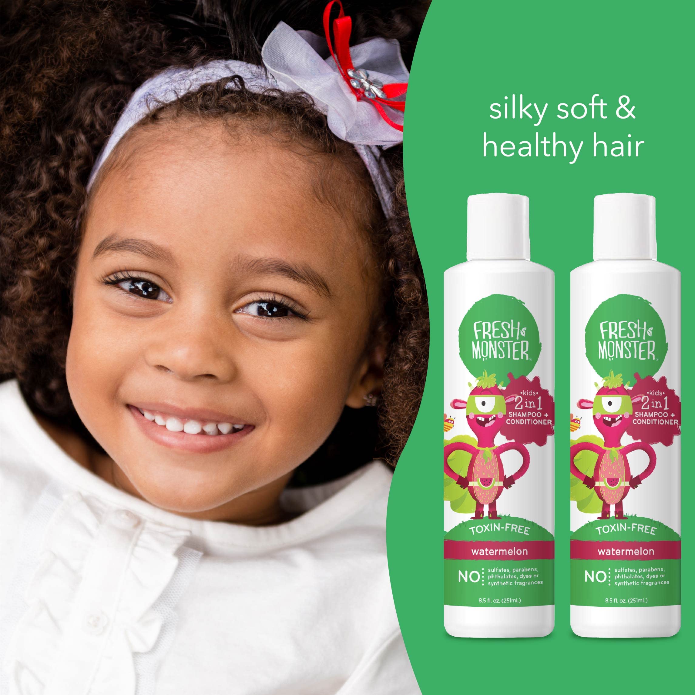 Fresh Monster 2-in-1 Kids Shampoo & Conditioner, Toxin-Free, Hypoallergenic, Tear-free Shampoo & Conditioner for Kids, Watermelon (2 Pack, 8.5oz/each)