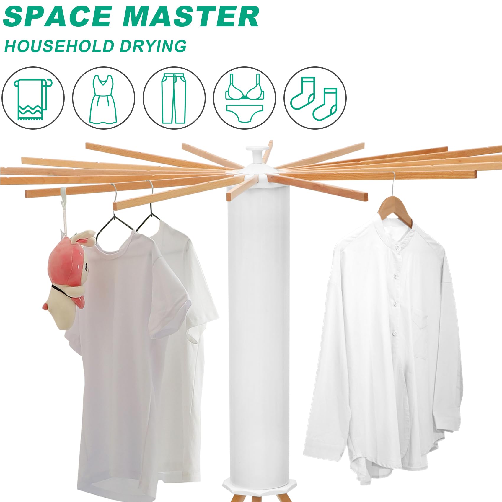 Tripod Clothes Drying Rack,Collapsible and Portable Clothes Drying Rack,16 Wooden Poles,Folding Drying Rack for Clothes,Indoor& Outdoor Holder