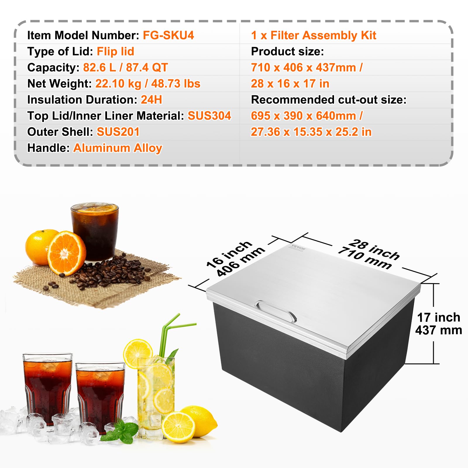 VEVOR Drop in Ice Chest, 28" L x 16" W x 17" H Stainless Steel Ice Cooler, Commercial Ice Bin with Hinged Cover, 40 qt Outdoor Kitchen Ice Bar, Drain-Pipe and Drain Plug Included, for Cold Wine Beer