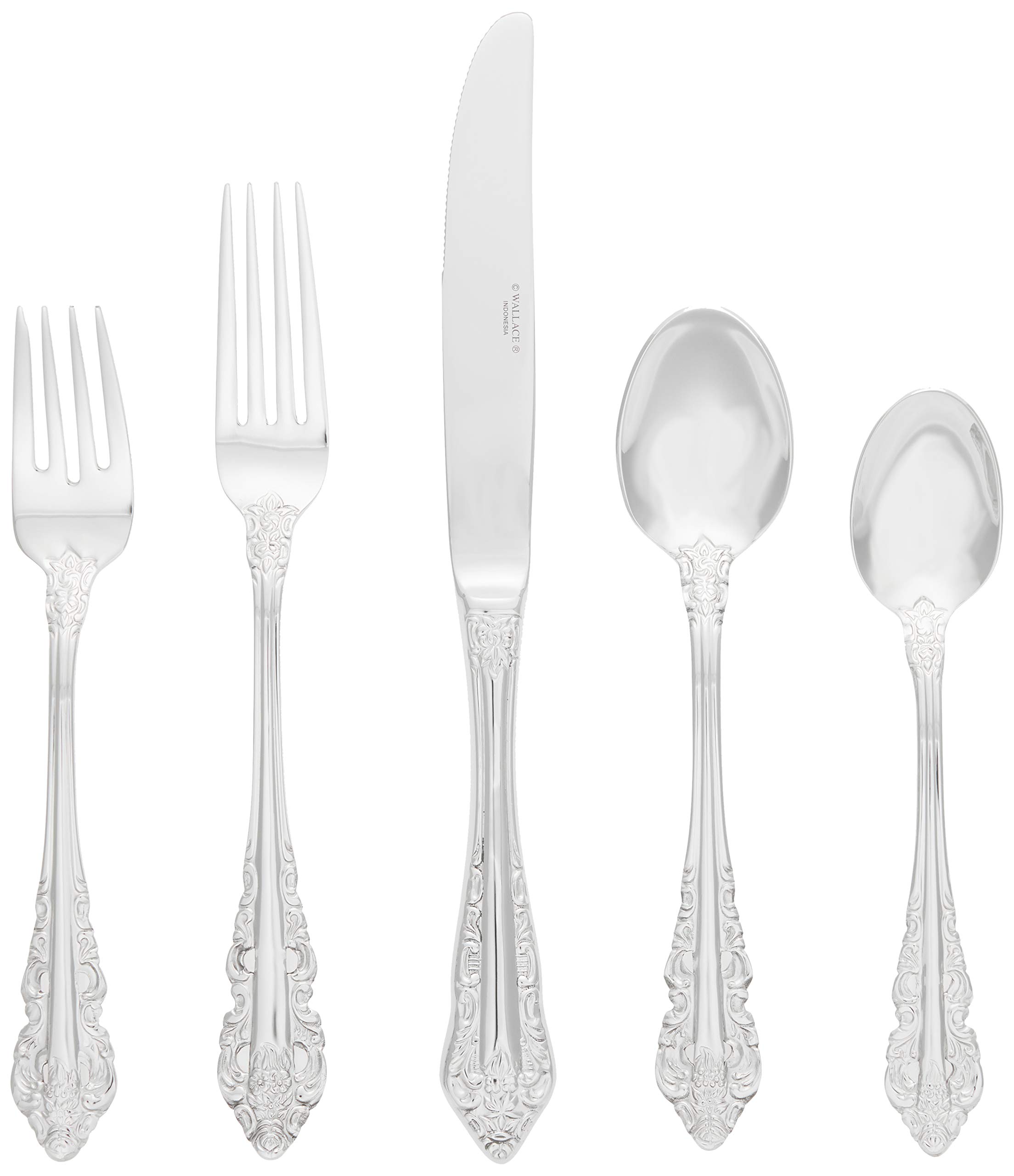 Wallace Antique Baroque 65-Piece 18/10 Stainless Steel Flatware Set, Service for 12, Silver
