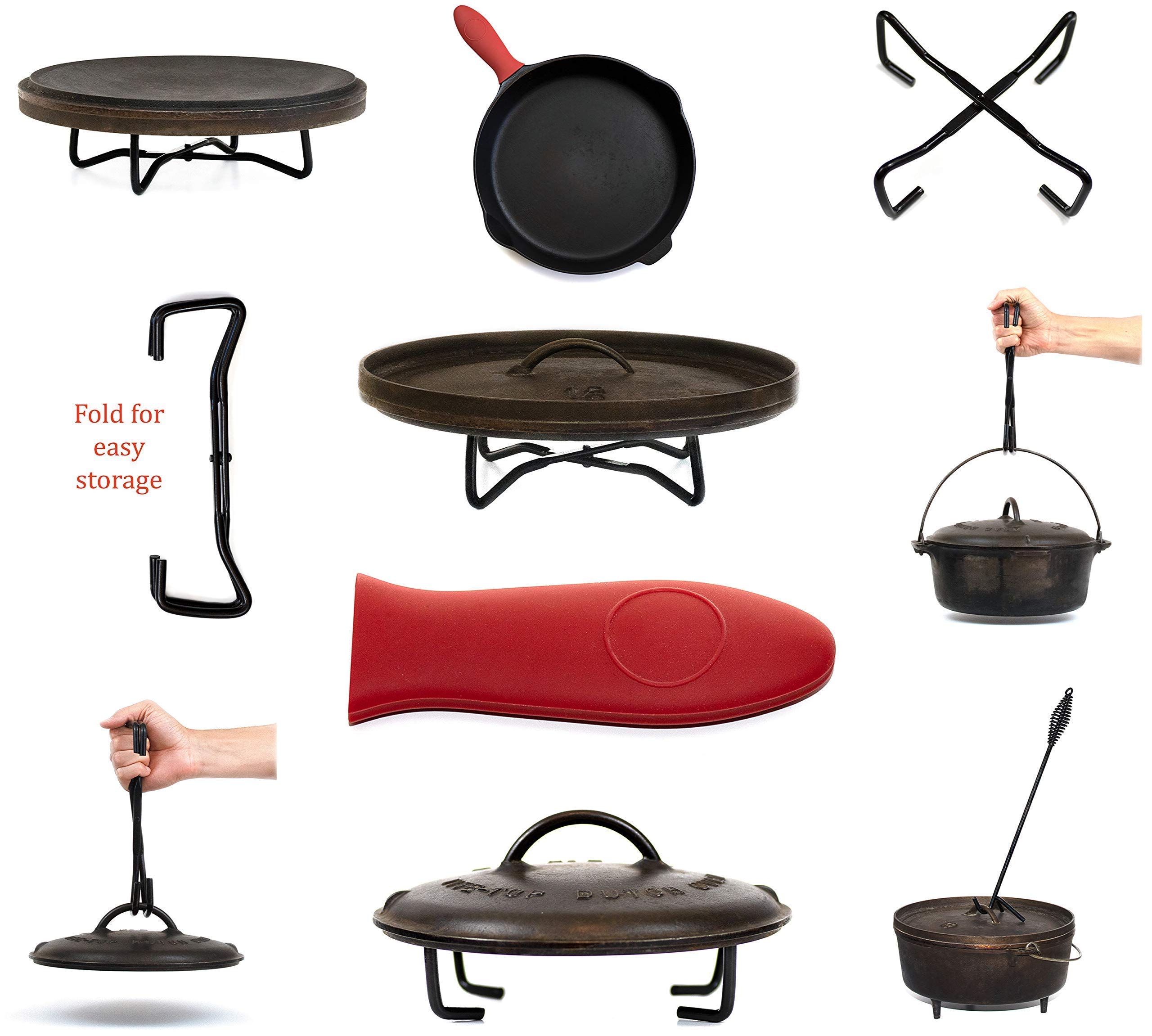 Home Dillies Dutch Oven Lid Lifter, 17 inch, and 4 in 1 Camp Stand Tool: OutdoorCampfire Cooking Accessories Set Complete with Red Handle Sleeve