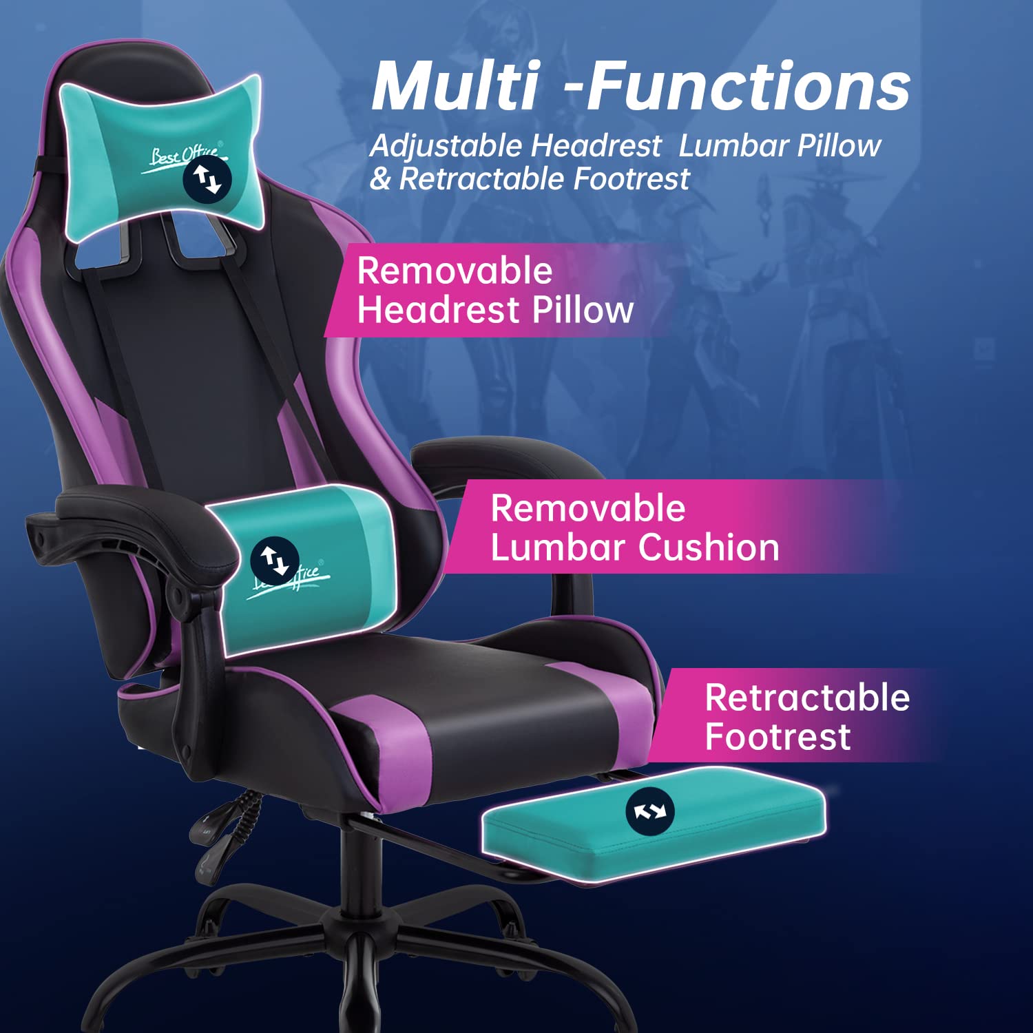 Gaming Chair Office Chair Desk Chair with Footrest Lumbar Support Headrest Armrest Task Rolling Swivel Ergonomic E-Sports Adjustable PC Gamer Chair (Purple)