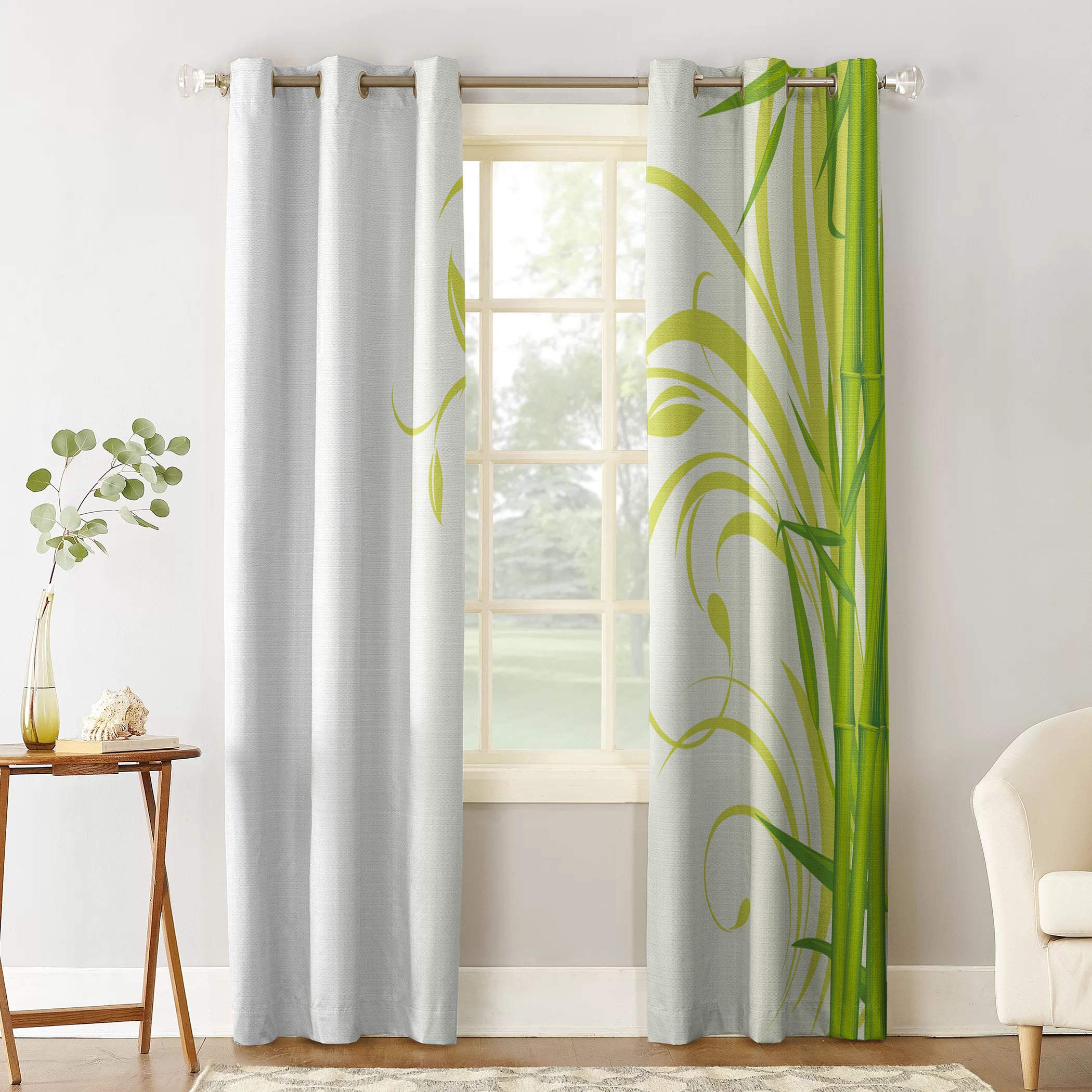Green Kitchen Cafe Curtains Window Drapes Treatment Durable Polyester 80''W x 84''H, Bamboo with Artistic Floral Curly Leaves Asian Feng Shui Zen Garden 2 Panel Set Gromment Draperies Solid Print