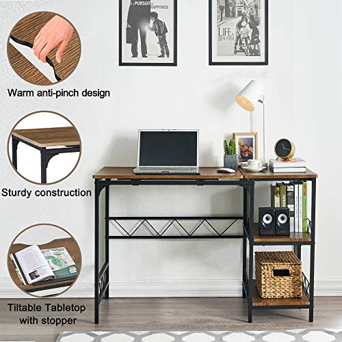 HOMBAZAAR Home Office Desk, Industrial Computer Desk with Storage Shelf, Large Writing Drawing Desk Craft Workstation with Tiltable Tabletop for Artist, 47โโ Multifunctional PC Laptop Table, Brown