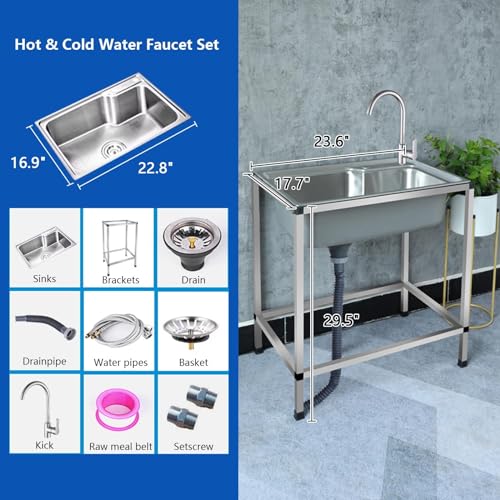 Freestanding Utility Sink,Laundry Tub With Drain,Outdoor Stainless Steel Kitchen Sink,Wash Tub Stand,for Garage/Restaurant/Outdoor/Backyard,Strong Stability,for Indoor Outdoor (Size : L 23.6in)