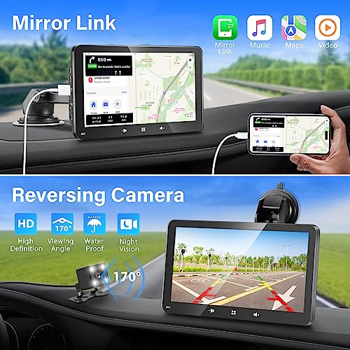 Portable Apple Carplay,Wireless Carplay and Android Auto,7'' Touch Screen Car Stereo,Car Radio with Backup Camera,Wireless AirPlay,Mirror Link,Bluetooth 5.0 Handsfree/FM/AUX/MIC/USB/TF
