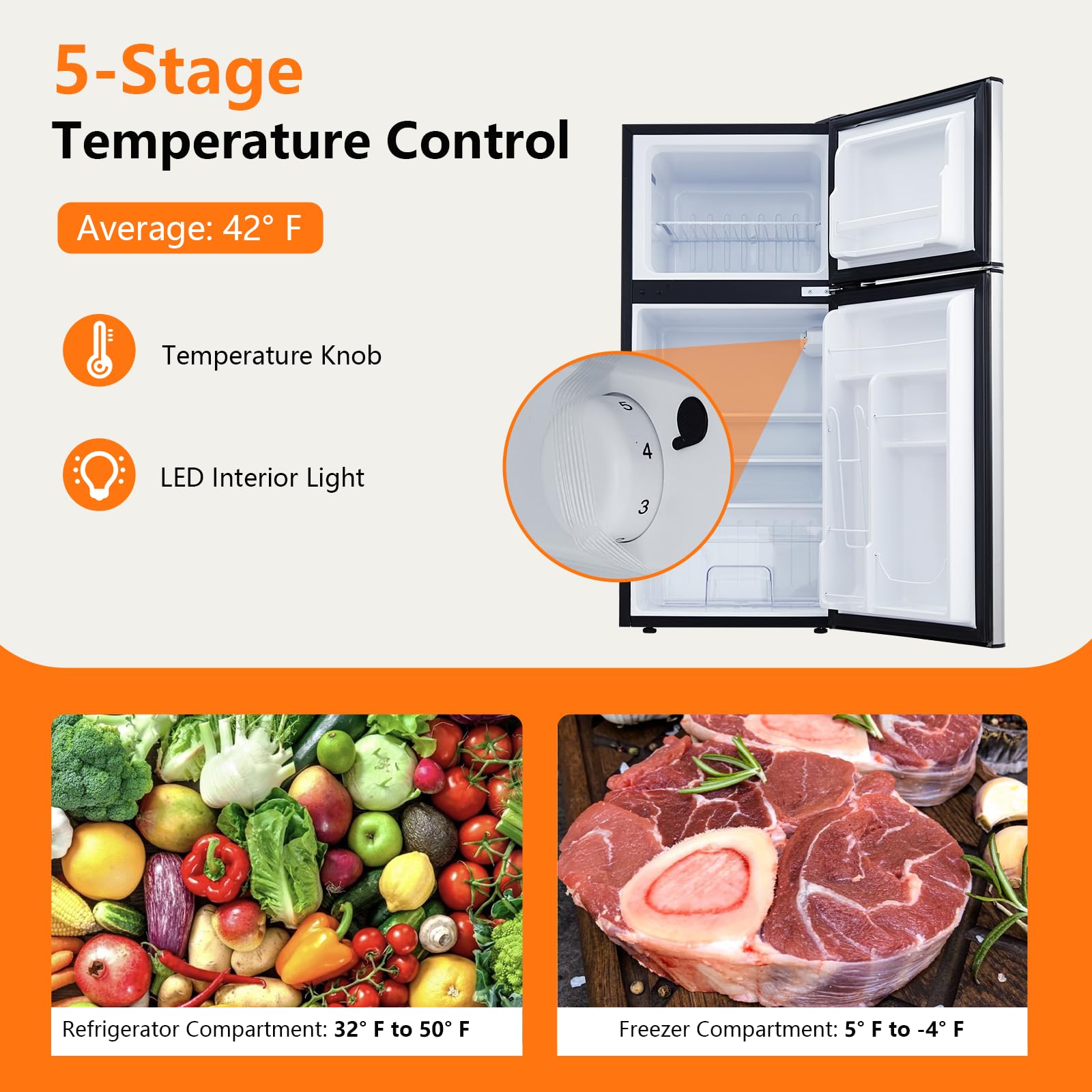 Zstar 4.5 Cu.Ft Mini Fridge with Freezer Freestanding, Energy-efficient Compact Refrigerator for Bedroom Office Dorm, 5 level Adjustable Thermostat, Stainless Steel 2 Doors, Crisper Drawer, 128L