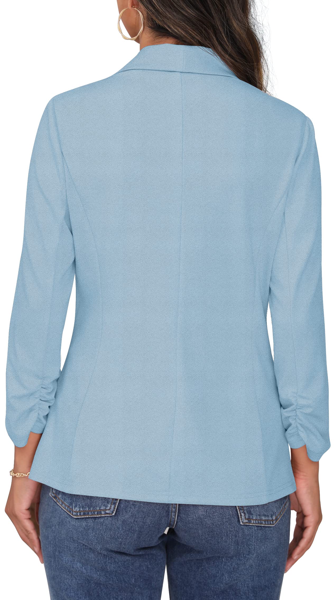 GRECERELLE Blazer Jacket for Women 3/4 Ruched Sleeve Business Casual Outfits Open Front Cropped Blazer Grey Blue-18