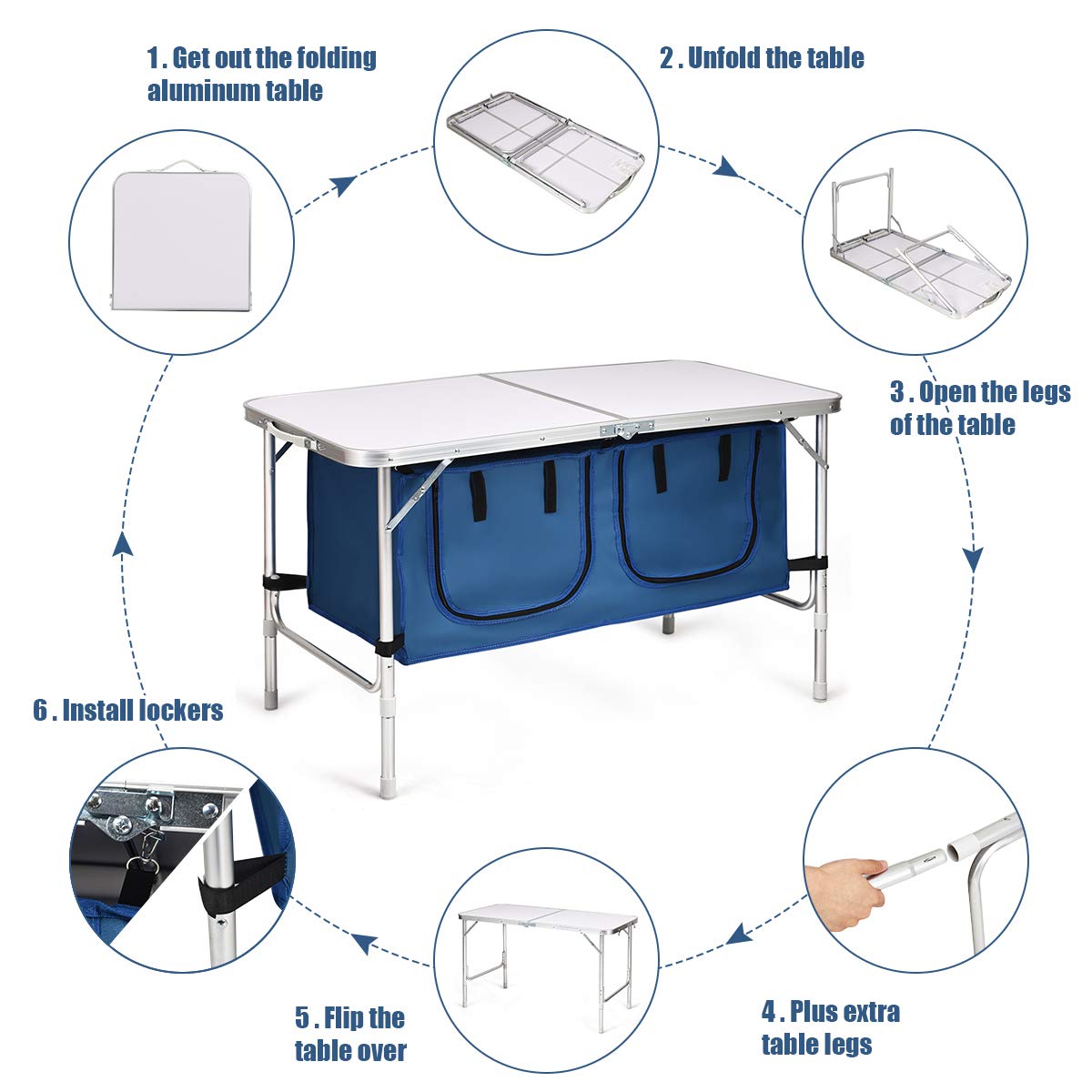 Goplus Folding Camping Table with Storage, Aluminum Outdoor Camp Table with 2-Level Adjustable Height, Lightweight Portable Foldable Picnic Table for Tailgating Beach BBQ Party RV