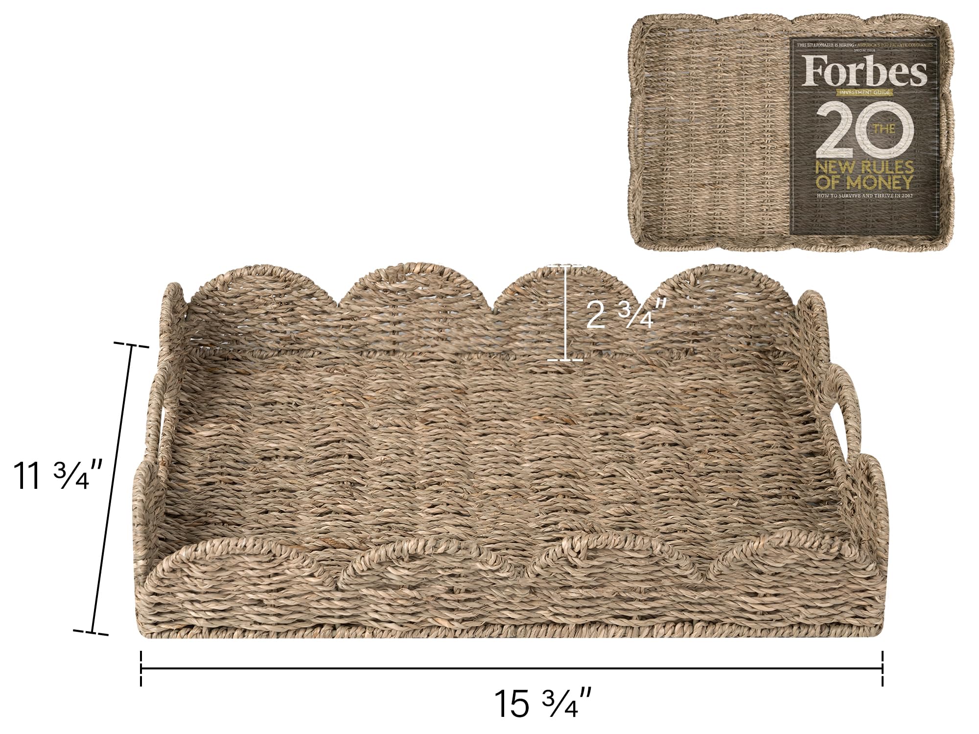 StorageWorks Scalloped Tray, Wicker Rattan Serving Tray with Handles, Woven Rectangle Seagrass Tray, Scalloped Basket Table Décor Trays, Rattan Basket Tray for Ottoman Decorative and Organizer Trays