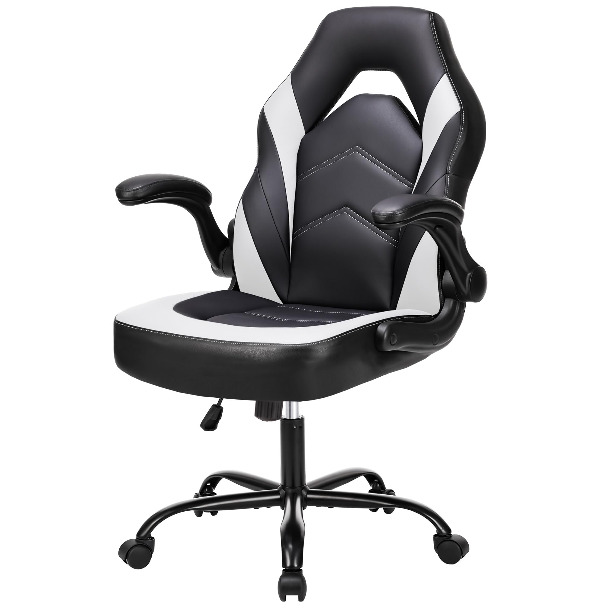 Gaming Chair, Ergonomic Office Chair High Back Computer Chair with PU Leather and Flip-up Armrest, Executive Ergonomic Adjustable Swivel Task Chair - White