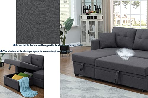 Payeel Sectional Sofa with Pull-Out Bed and Storage Chaise Lounge 81.5" Reversible Furniture Contemporary L-Shaped Fabric Sleeper Sofa for Living Room (Dark Gray)