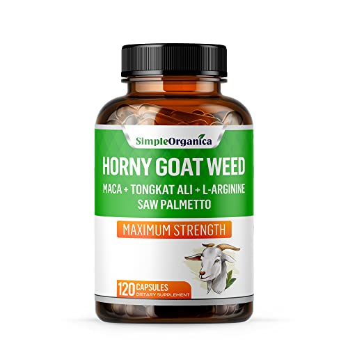 Simple Organica Horny Goat Weed for Men and Women - 120 Capsules, with Maca Root, Tongkat Ali, Saw Palmetto, L-Arginine. Energy, Stamina, Strength, Endurance, Joint Health - Non-GMO Formula