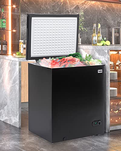 TABU Chest Freezer, 5.0 Cu Ft Deep Freezer with Removable Storage Basket, Black Top Open Door Freezer with 7 Level Adjustable Temperature, Compact Freezer with Top Open Door (Black)