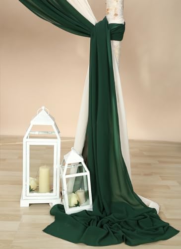 SHERWAY 2 Panels Chiffon Fabric Drapery Wedding Arch Drapes, Party Backdrop Curtain Panels, Ceremony Reception Swag Decoration (27 x 216 Inch, Hunter Green & Ivory)