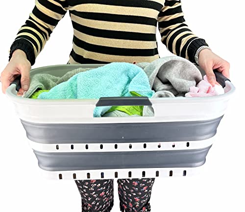 SAMMART 21L (5.5 gallon) Super Mini Collapsible 3 Handled Plastic Basket - Foldable Pop Up Storage Container/Organizer - Space Saving Hamper/Basket (White/Grey)