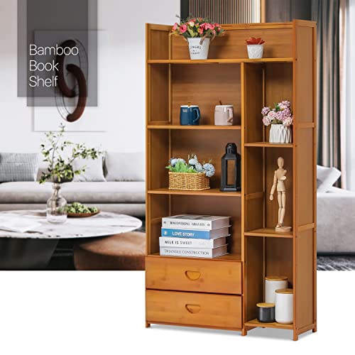 MoNiBloom 4 Tier Bookcase with 2 Drawers, Bamboo Tall Multifunctional Shelf Storage Organizer Book Display Shelves for Bedroom Living Room Office, Brown