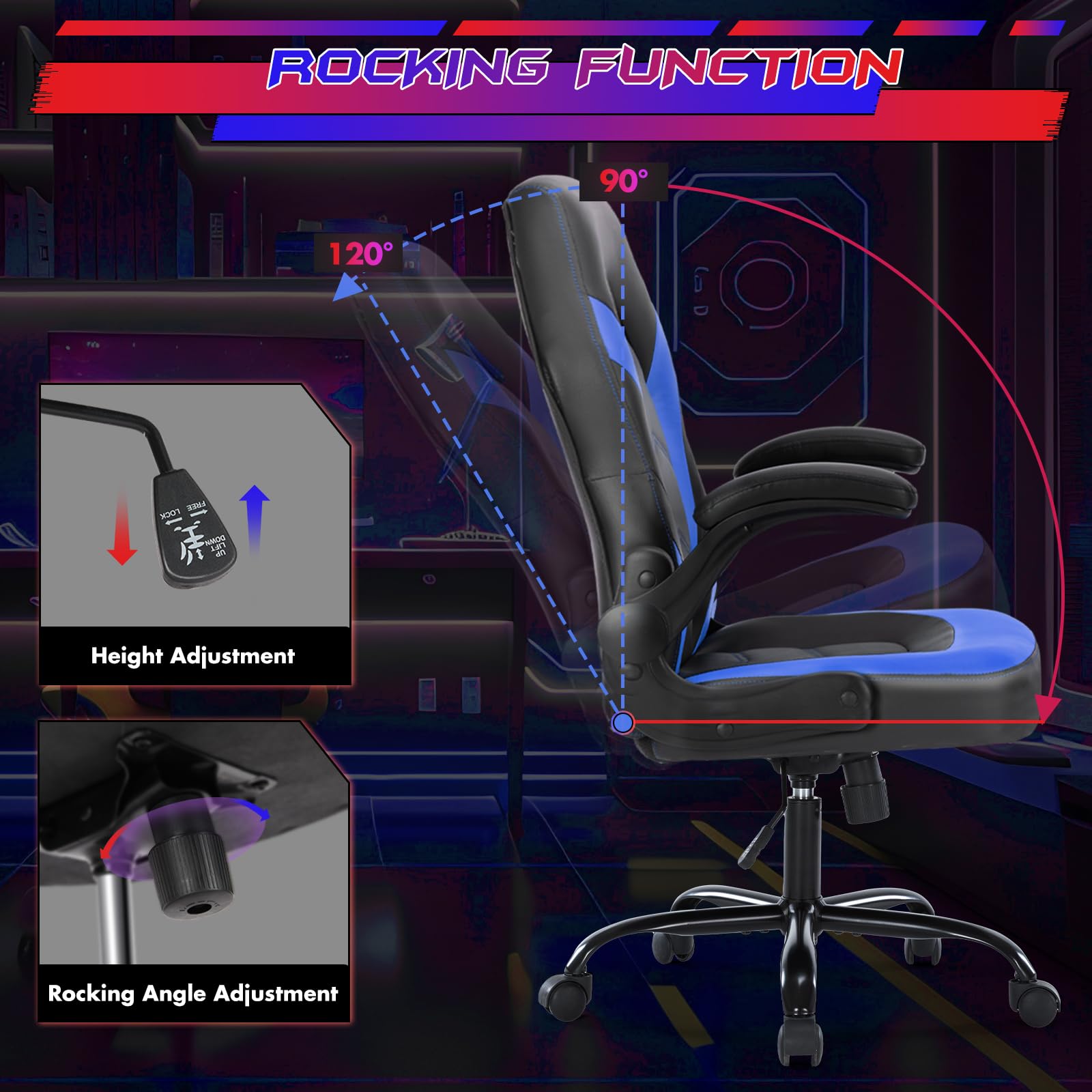 Gaming Chair, Ergonomic Office Chair High Back Computer Chair with PU Leather and Flip-up Armrest, Executive Ergonomic Adjustable Swivel Task Chair - Blue