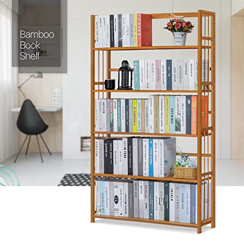 MoNiBloom Bamboo Wide 5-Tier Bookshelf Large Adjustable Bookcase Shelf Organizer Rack in Living Room Study Library Home Office, Natural
