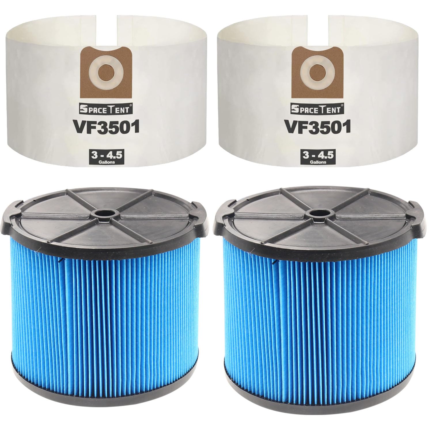VF3500 Filter +VF3501 Filter Bags Replacement for Ridgid Portable Vac 3-4.5 Gallon Wet Dry Vacuums.3-Layer Fine Filter for Ridgid WD3050, WD4070, WD4080, WD4522, 4000RV, 4500RV (4 Pack)
