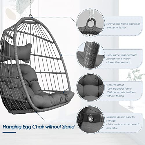 NICESOULĀ® Hanging Egg Chair Without Stand Tree Ceiling Egg Basket Chairs UV Resistant 265lbs Capaticy for Patio Backyard Balcony Bedroom Living Room with Hanging Steel Chain & Cushions Dark Grey