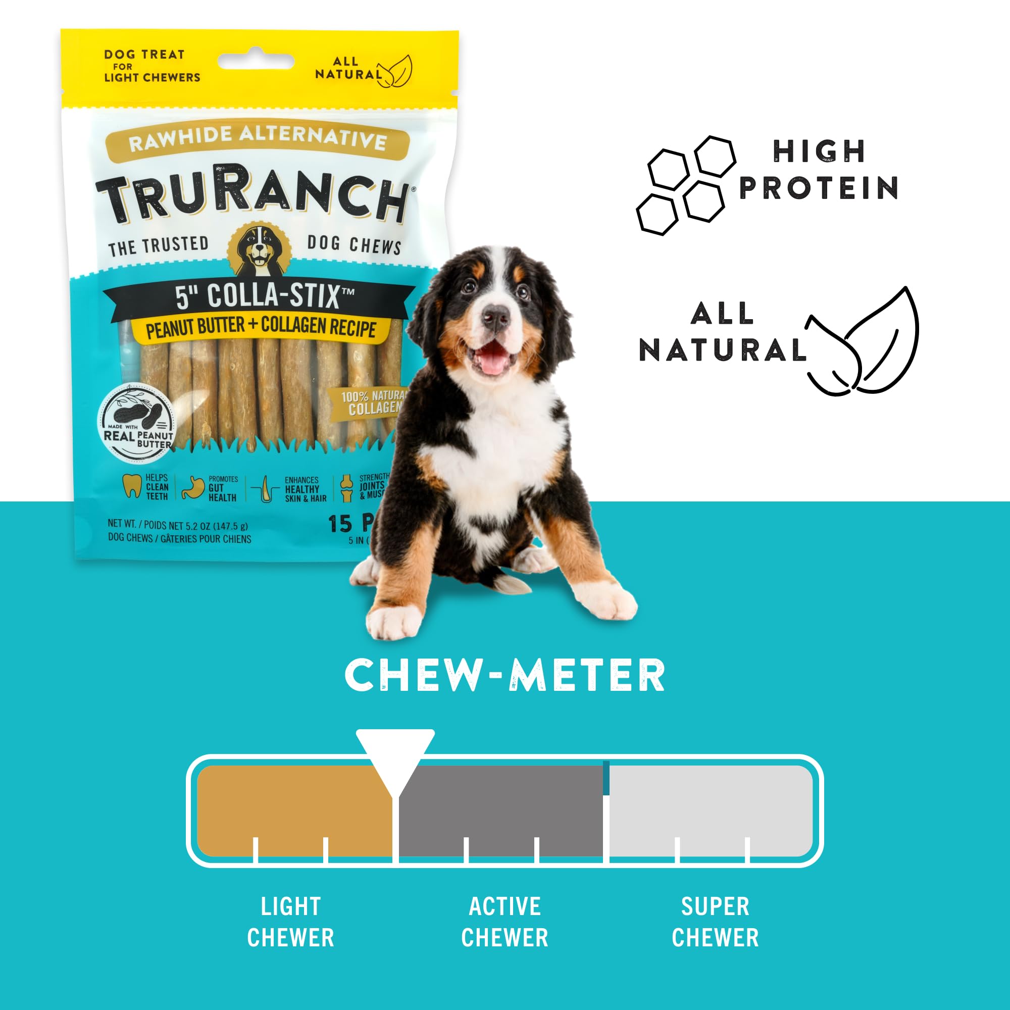 TRURANCH 5" Collagen Sticks, Peanut Butter - 15 Pack