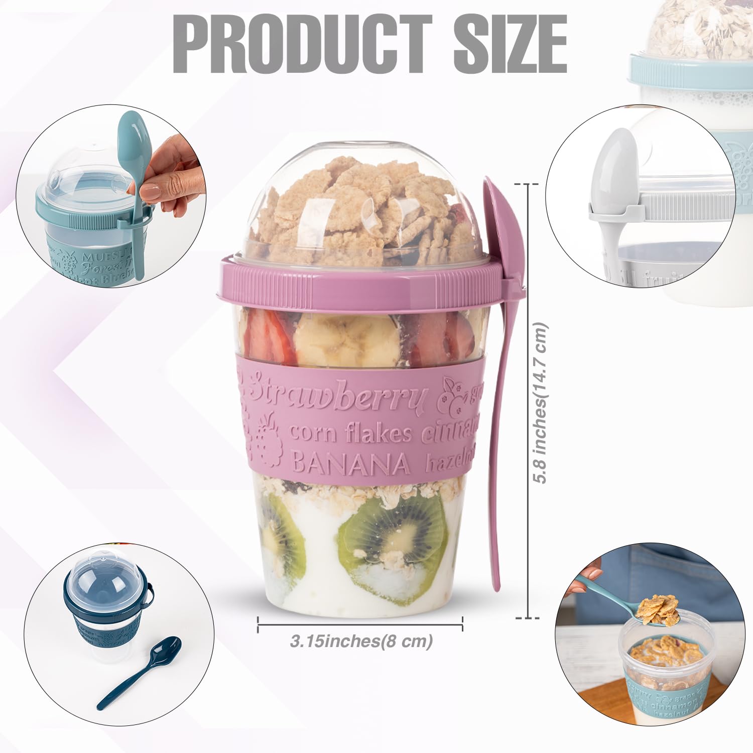 On The Go Cereal Yogurt Cups with Lids and Spoon, Overnight Oats Container, Reusable Parfait Plastic Milk Jar Breakfast Crunch Granola Oatmeal Smoothie Snack Prep Bowl To Take Along (4 Colors Set 2)
