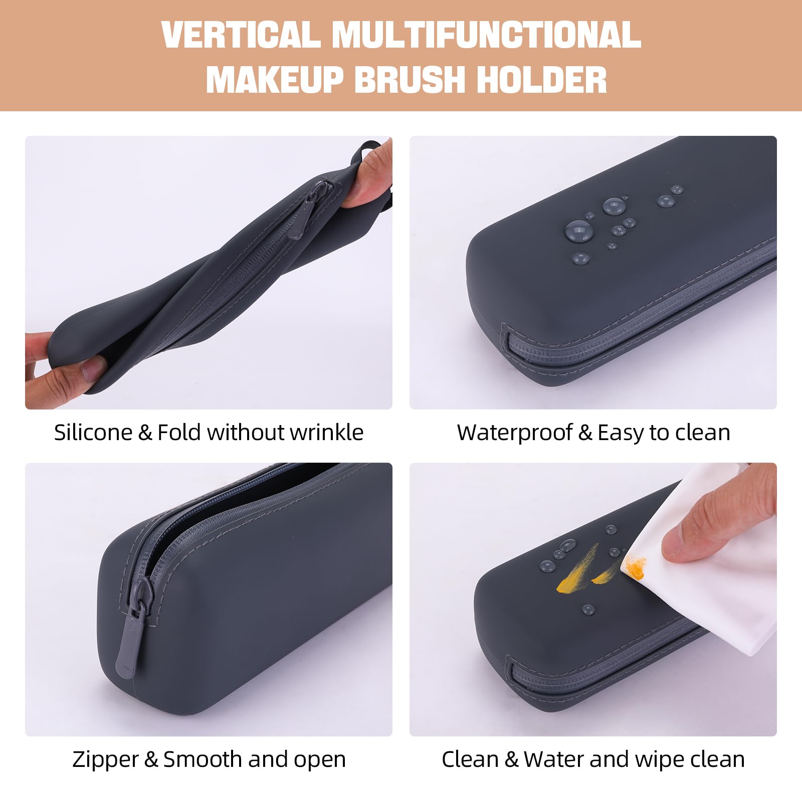 Frimon Silicone Makeup Brush Holder Travel Cosmetic Bag,Make Up Organizer Bag Case with Zipper for Travel,Toiletry,Makeup Tools