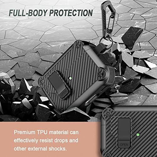RFUNGUANGO AirPods Pro 2nd /1st Generation Case Cover, Automatic Pop-up Carbon Fiber Case with Secure Lock Clip, Full Body Shockproof Hard Shell Protective Case for AirPods Pro-Black