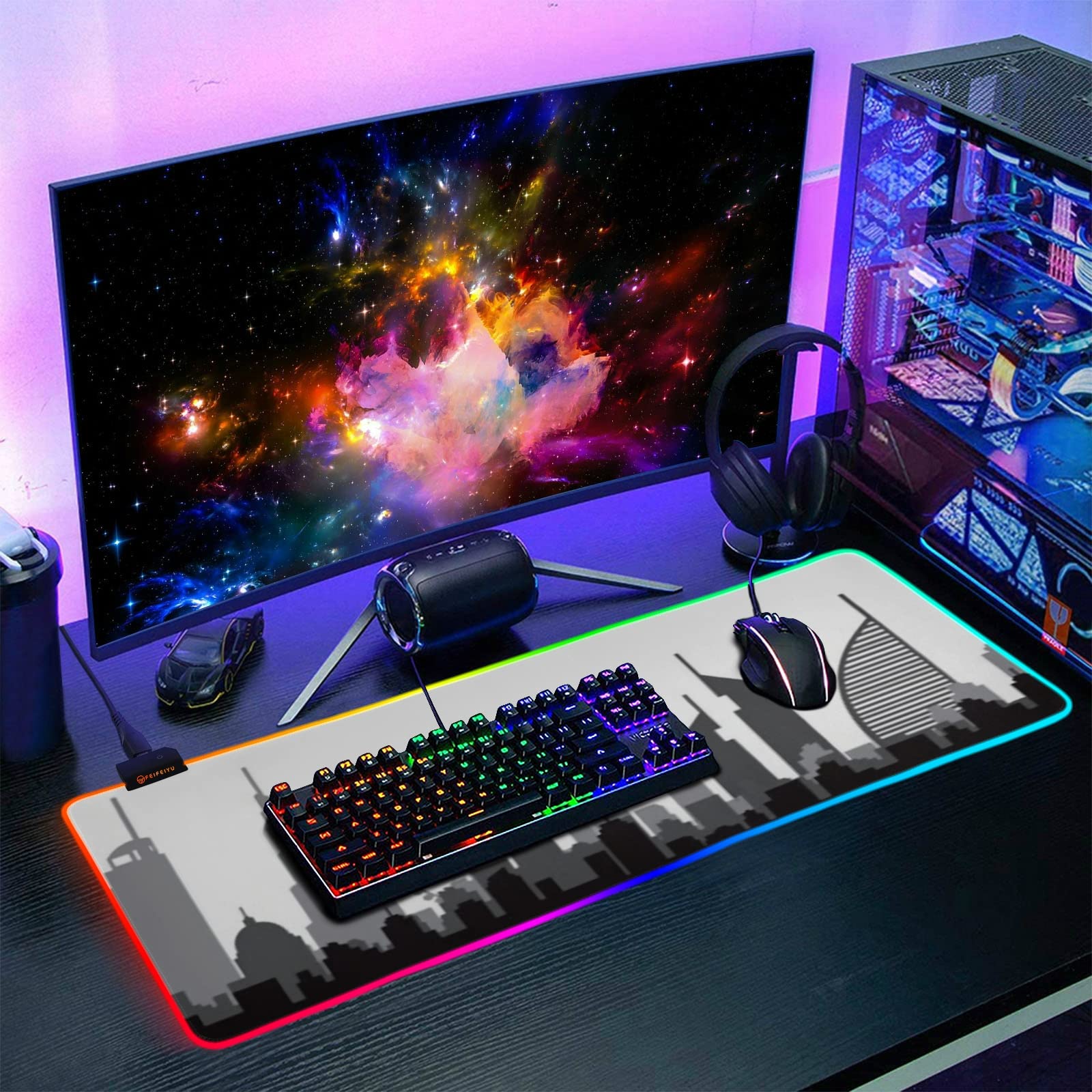 Large RGB Gaming Mouse Pad Dubai City Skyline Silhouette Glowing Extended Mousepad 31.5x11.8in, Soft Anti-Slip Rubber Base Luminous Mouse Mat for Pc Laptop, Gaming, Office, Home