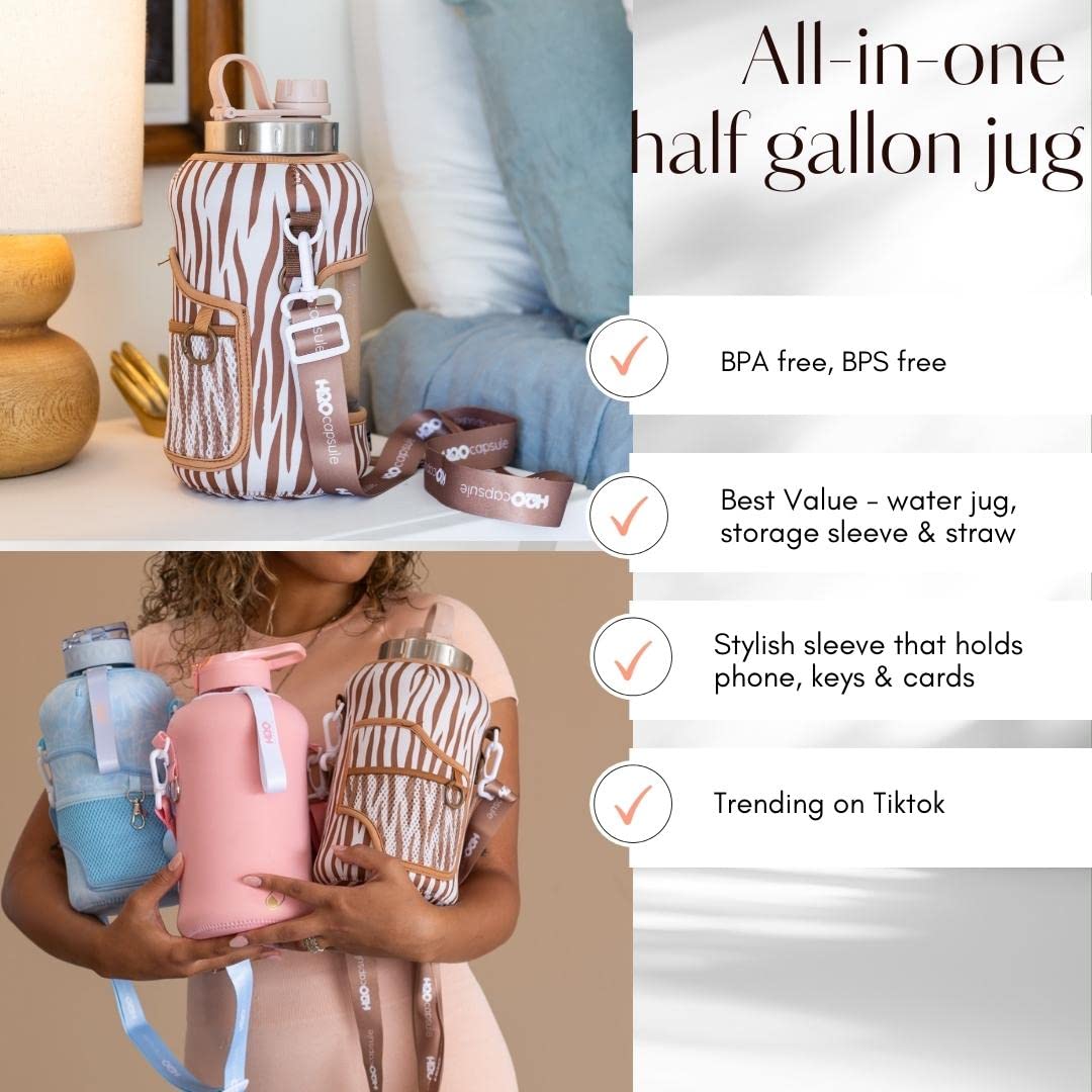 H2O Capsule 2.2L Half Gallon Wide Mouth Water Bottle with Storage Sleeve and Removable Straw - Hydration Tracker Jug with Measurements Marked β Shatterproof BPA-Free, (Libra Zebra)