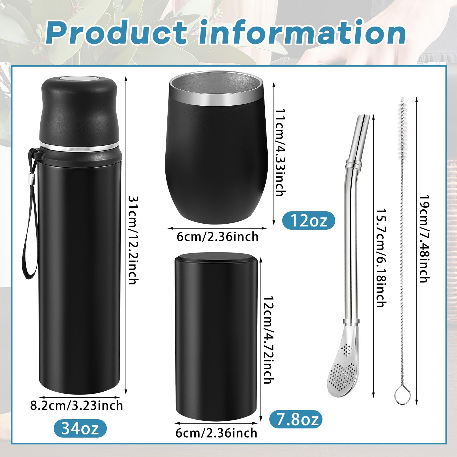 Suclain 5 Pcs Complete Yerba Mate Kit Yerba Mate Cup 34 Oz/1005 ml Stainless Steel Thermal Water Bottle, Tea Can, Bombilla and Straw Brush, for Travel Christmas Gift Father, Black