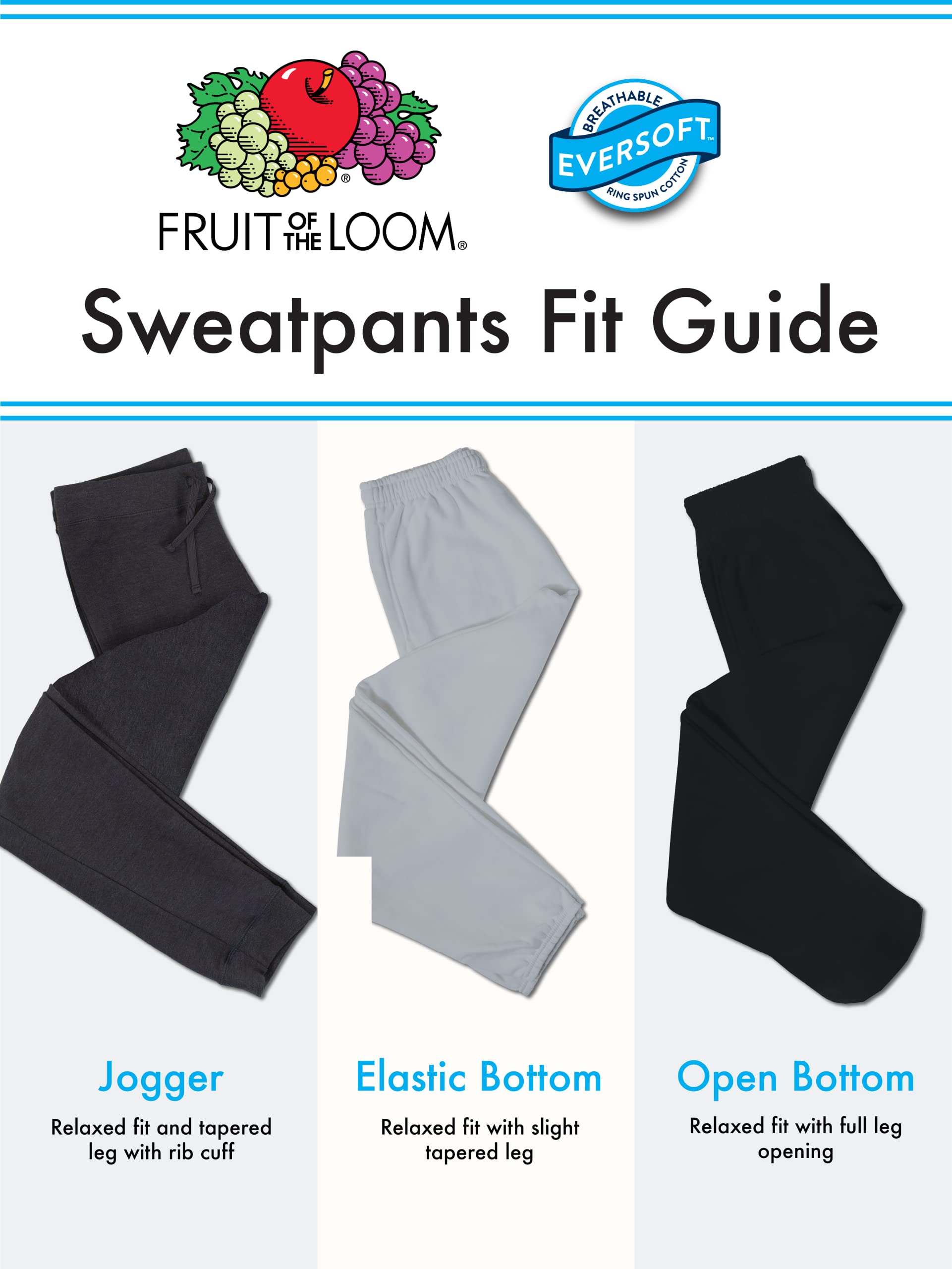 Fruit of the Loom Men's Eversoft Fleece Open Bottom Sweatpants with Pockets, Relaxed Fit, Moisture Wicking, Breathable, Black Heather, Large