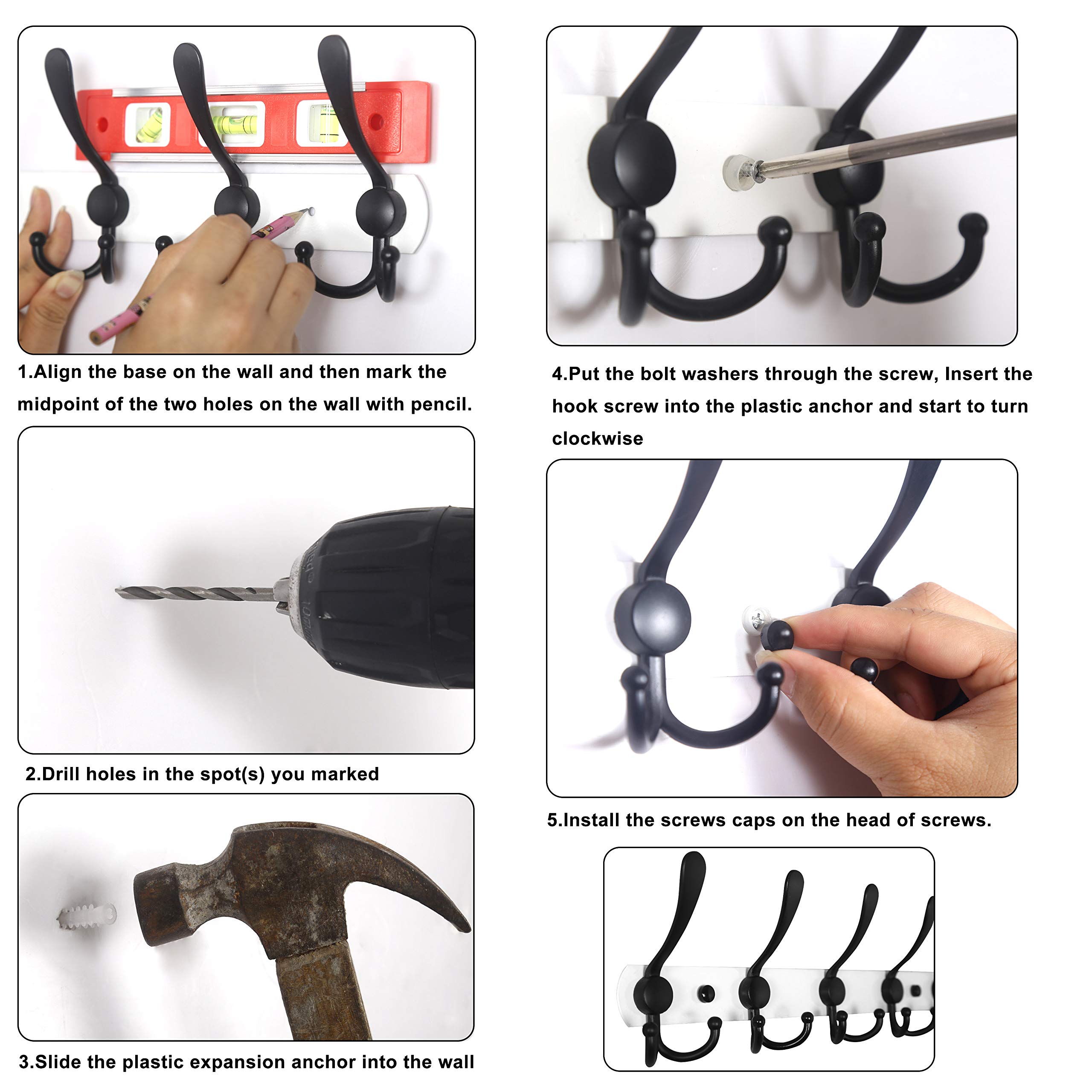WEBI Coat Rack Wall Mount Long,8 Tri Hooks for Hanging Coats,30 inch Hook Rack,Hook Rail,Coat Hanger Wall Mount for Clothes,Jacket,Hats,Black,2 Packs