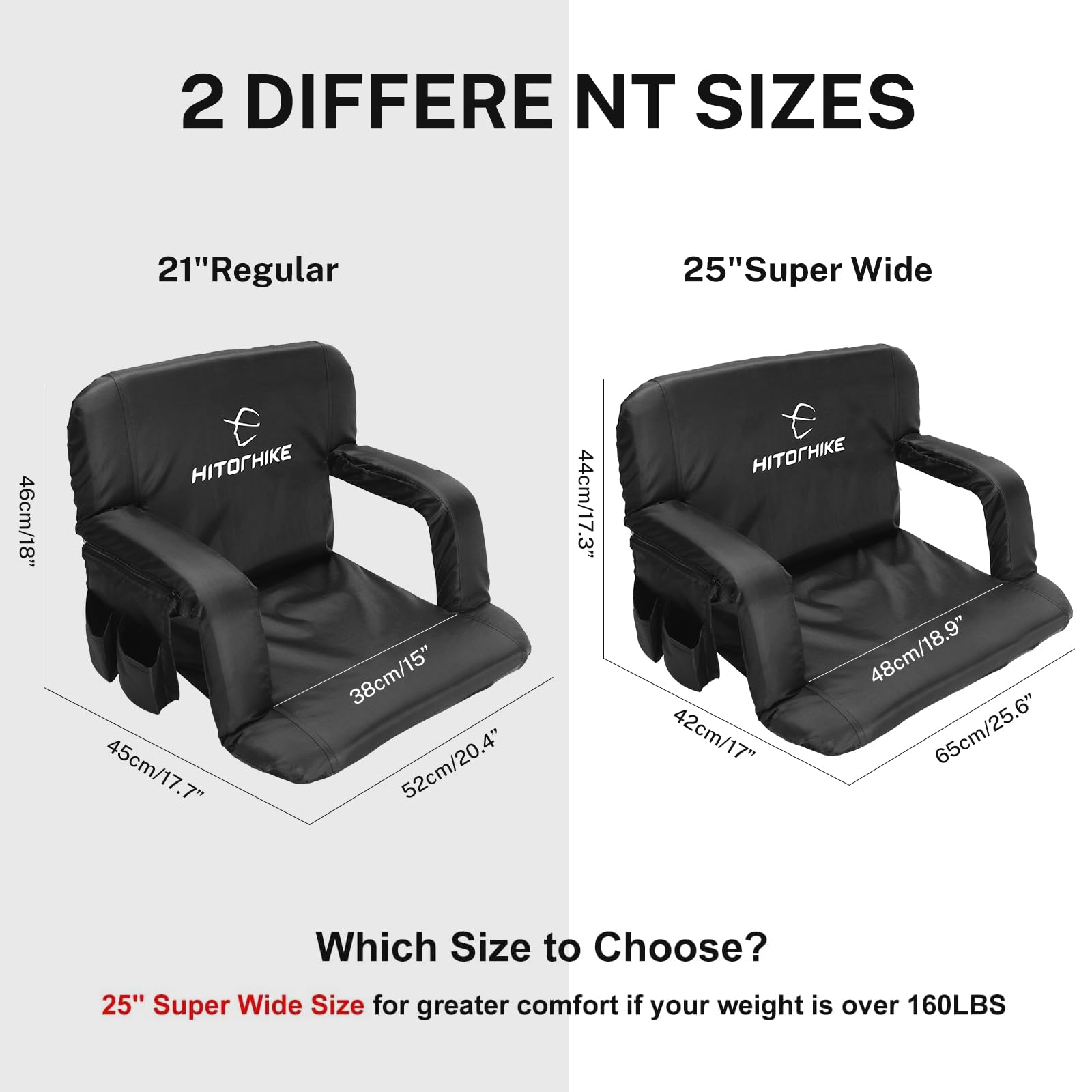 HITORHIKE Stadium Seat for Bleachers or Benches Portable Reclining Stadium Seat Chair with Padded Cushion Chair Back and Armrest Support(Black2PCS,21",1PC)
