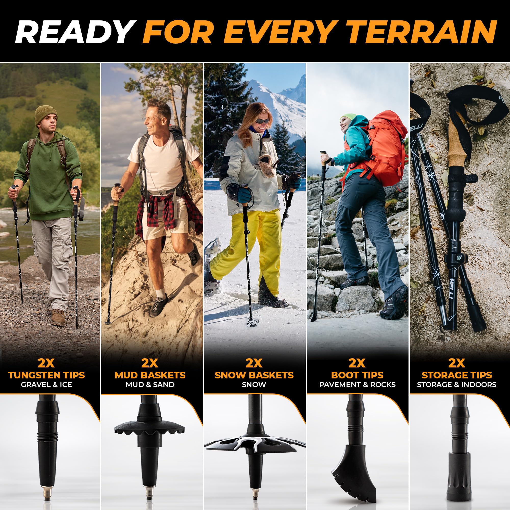 Foxelli Folding Trekking Poles β 2-pc Ultra Compact Hiking Poles for Men & Women, Lightweight Strong Aluminum 7075 Collapsible Foldable Walking Sticks with Flip Locks, 4 Season All Terrain Accessories