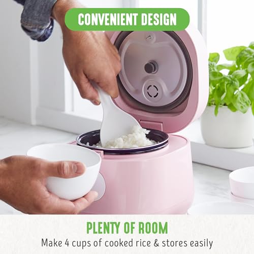 GreenLife PFAS-Free, 4-Cup Rice Beans Oats and Grains Cooker, Healthy Ceramic Nonstick, Easy to Use Automatic Presets, Dishwasher Safe Parts, Pink