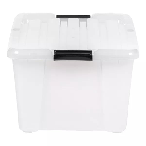 TENAS 45qt Plastic Storage Container Bin with Secure Lid and Latching Buckles, Stackable Storage Bin, Clear Base and Lid,Great for Storage and Organization (4-Pack) (Clear)