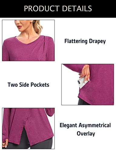 Hiverlay Long Sleeve Workout Shirts for Women V Neck Athletic with Thumbhole Pockets Running Loose Active T-Shirts Pink Large