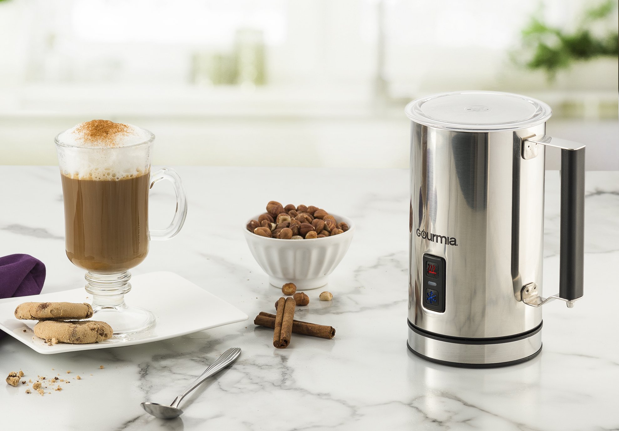 Gourmia GMF215 Cordless Electric Milk Frother & Heater, 3 Function, Detachable Base for Easy Serving, Stainless Steel, Silver