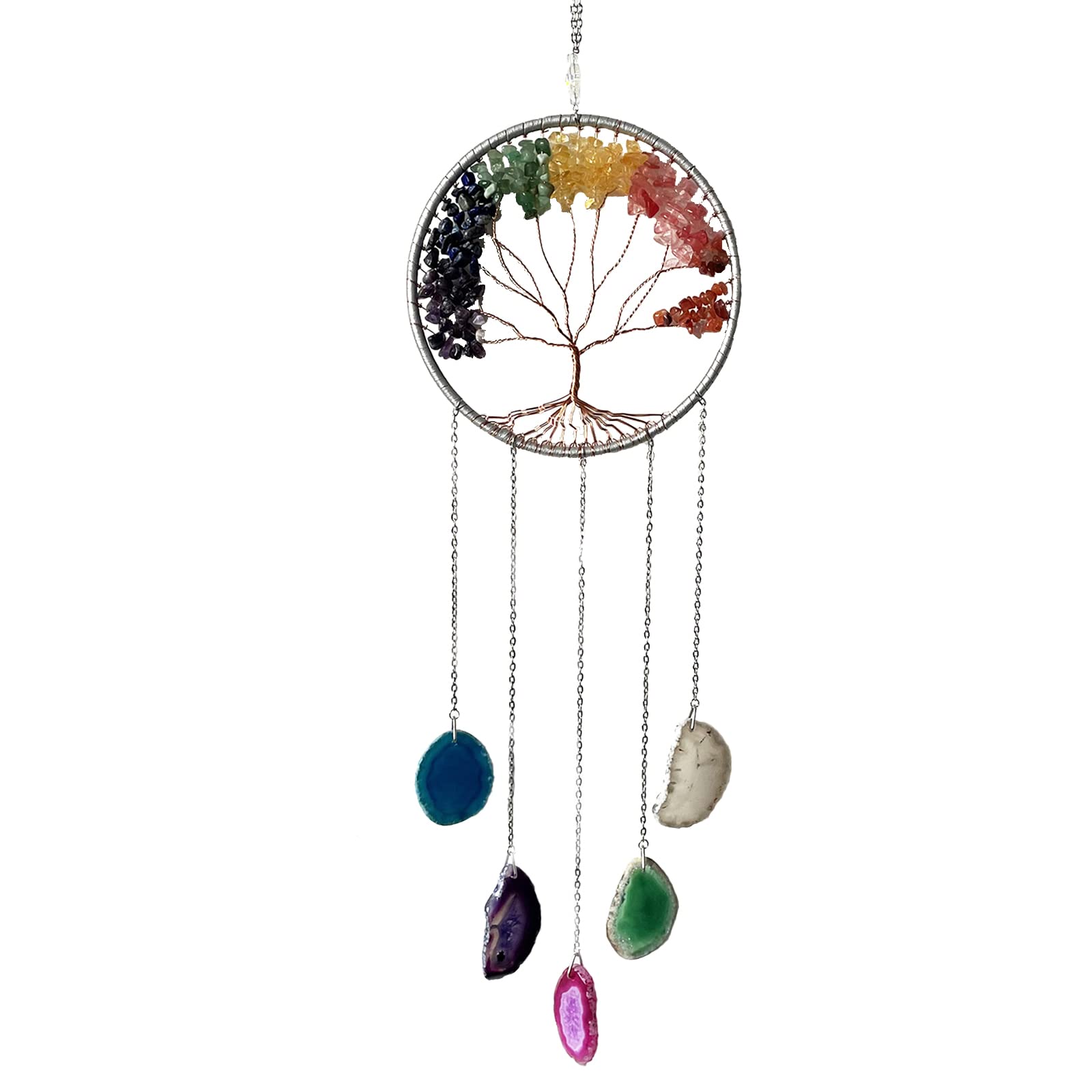 Gem Dream Catchers Agates 7 Chakra Gemstone Wall Hangings Tree of Life Meditation Ornament Home Chakra Feng Crystals Decor Stoneā¦