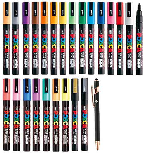 Posca Paint Marker Pen, Fine Point PC-3M 24 Colors Set Japanese Domestic Market Japan Import With Original Stylus Ballpoint Touch Pen